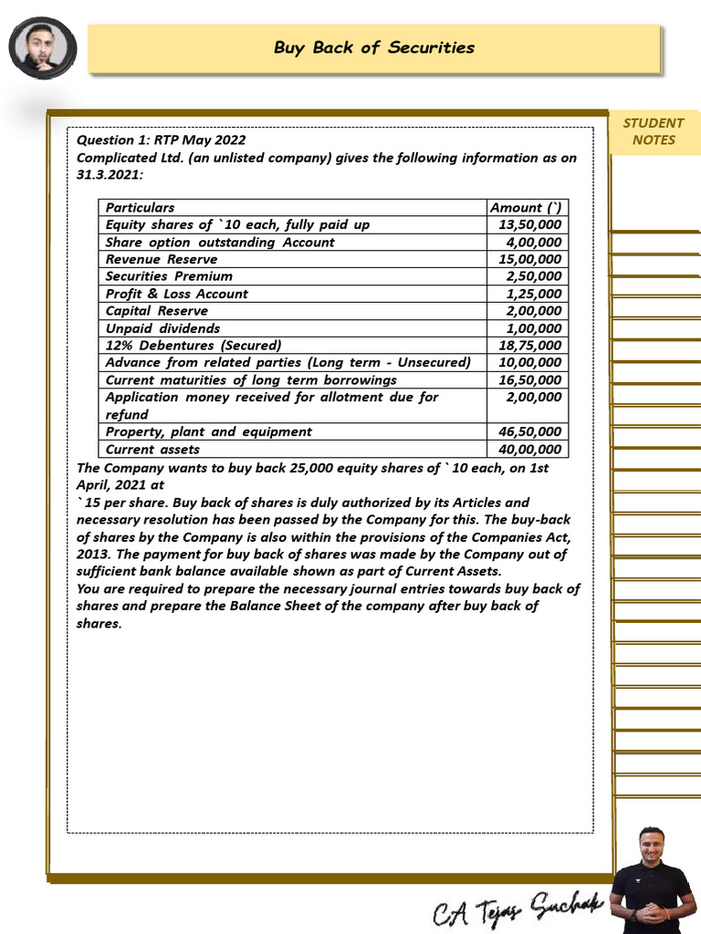 Buyback of Shares: Journal Entries & Analysis | PDF | Equity (Finance ...