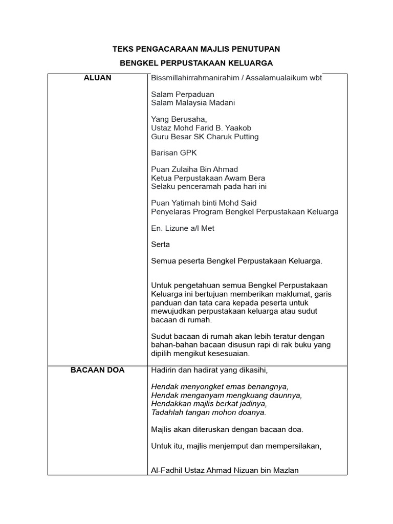 Teks Pengacaraan Majlis Penutupan | PDF Teks Pengacaraan Majlis Penutupan | PDF