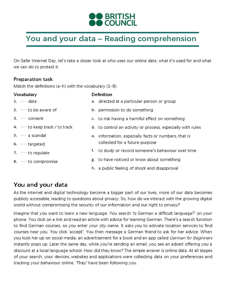 You and Your Data Reading Comprehension | Download Free PDF | Privacy ...