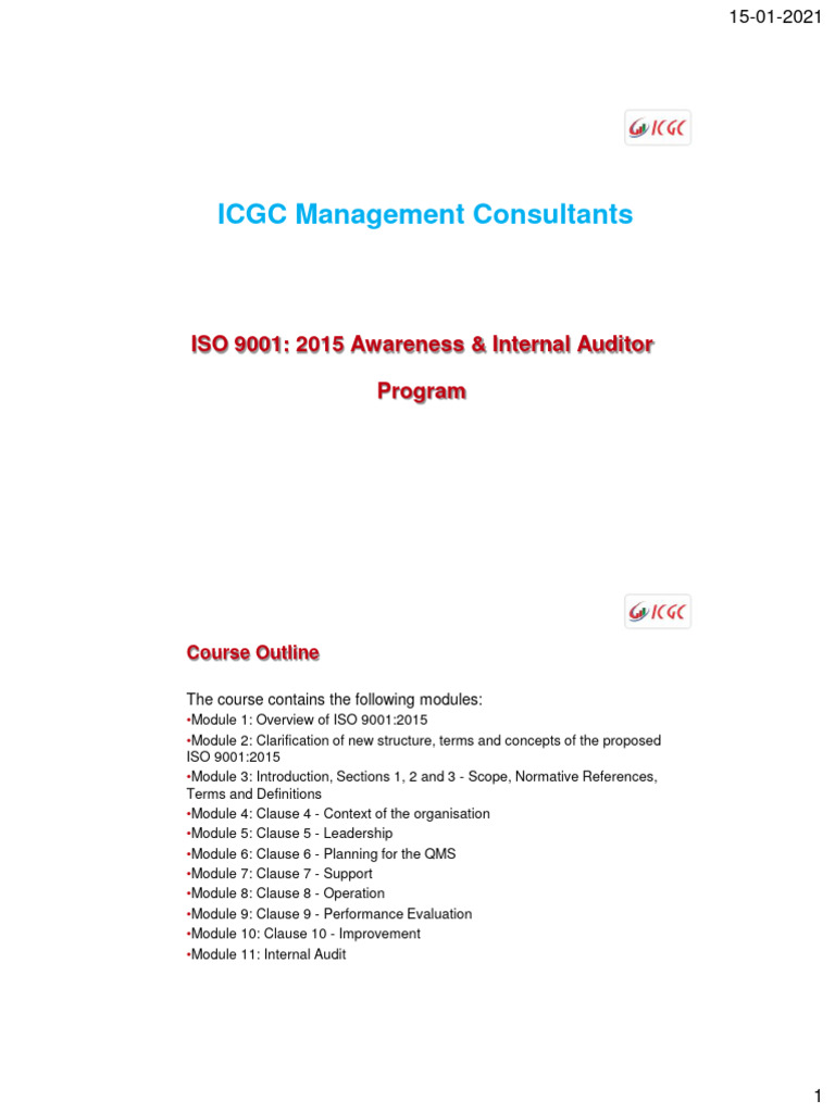 ISO 9001 2015 Awareness and Int auditor training | PDF | Quality ...