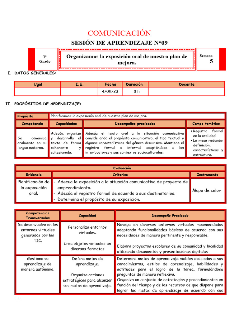1° SESIÓN DE APRENDIZAJE SESIÓN 9-SEM.5-EXP.5-COM | PDF | Aprendizaje | Evaluación