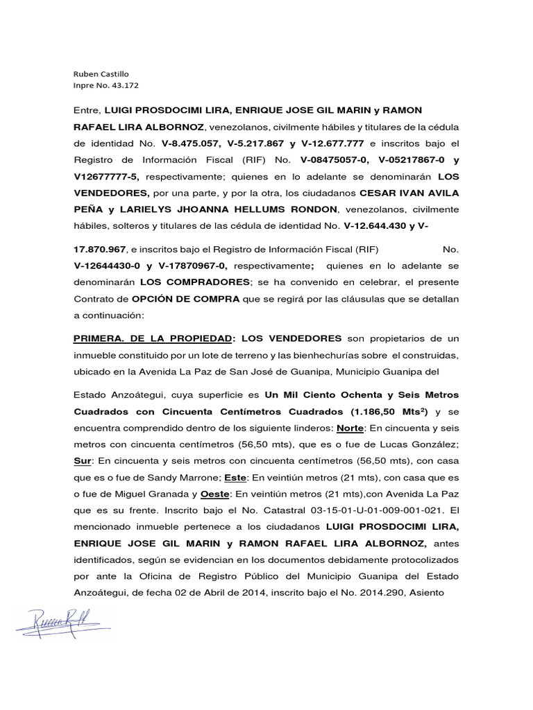 Documento Opcion A Compra - Ramon Lira - Terreno Av La Paz | PDF | Bienes raíces | Ley común