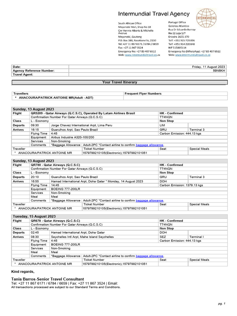 Travel Document Anacoura-Patrick Antoine MR Qatar - Lima Sao Paulo Doha ...