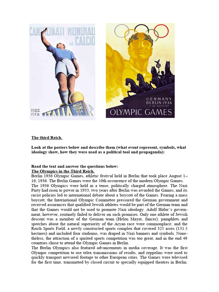 The Power of Sport Worksheet | PDF | Nazi Germany | Olympic Games
