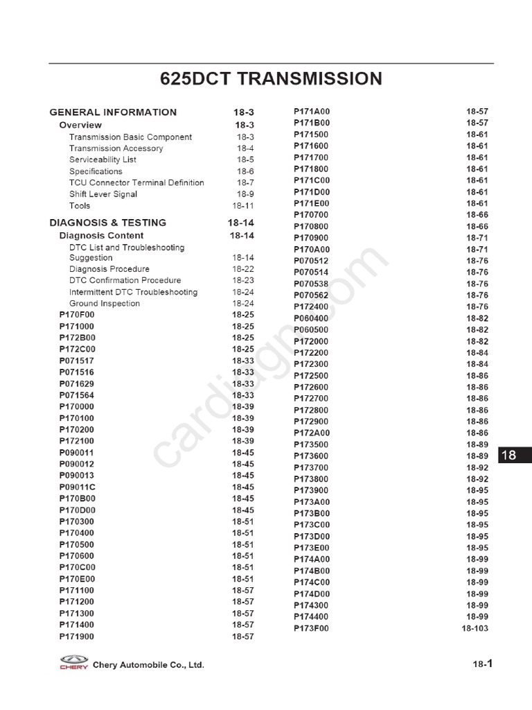 Chery 2018 Tiggo 8 (T18) Service Manual - 625DCT Transmission - PDF Download | PDF