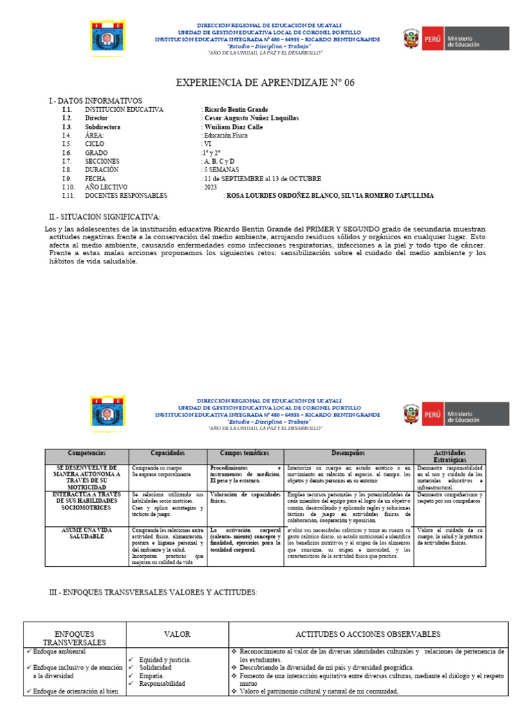 Experiencia de Aprendizaje #6 Del Vi Ciclo | Descargar gratis PDF | Evaluación | Gimnasia