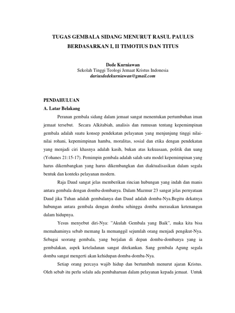 Tugas Gembala Sidang Menurut Rasul Paulus Berdasarkan I, Ii Timotius Dan Titus | PDF