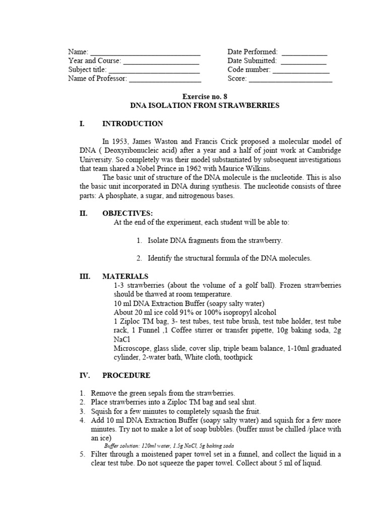 Exp. 8 DNA Isolation From Straberries | PDF | Chemistry | Biology