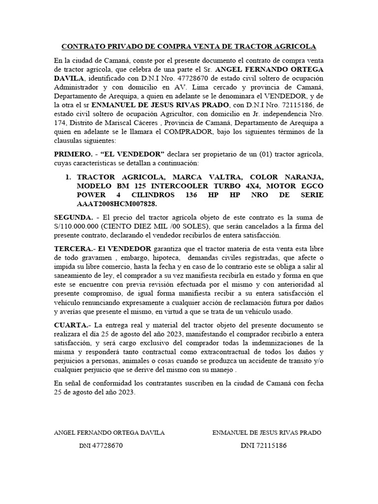 Contrato Privado de Compra Venta de Tractor Agricola | PDF