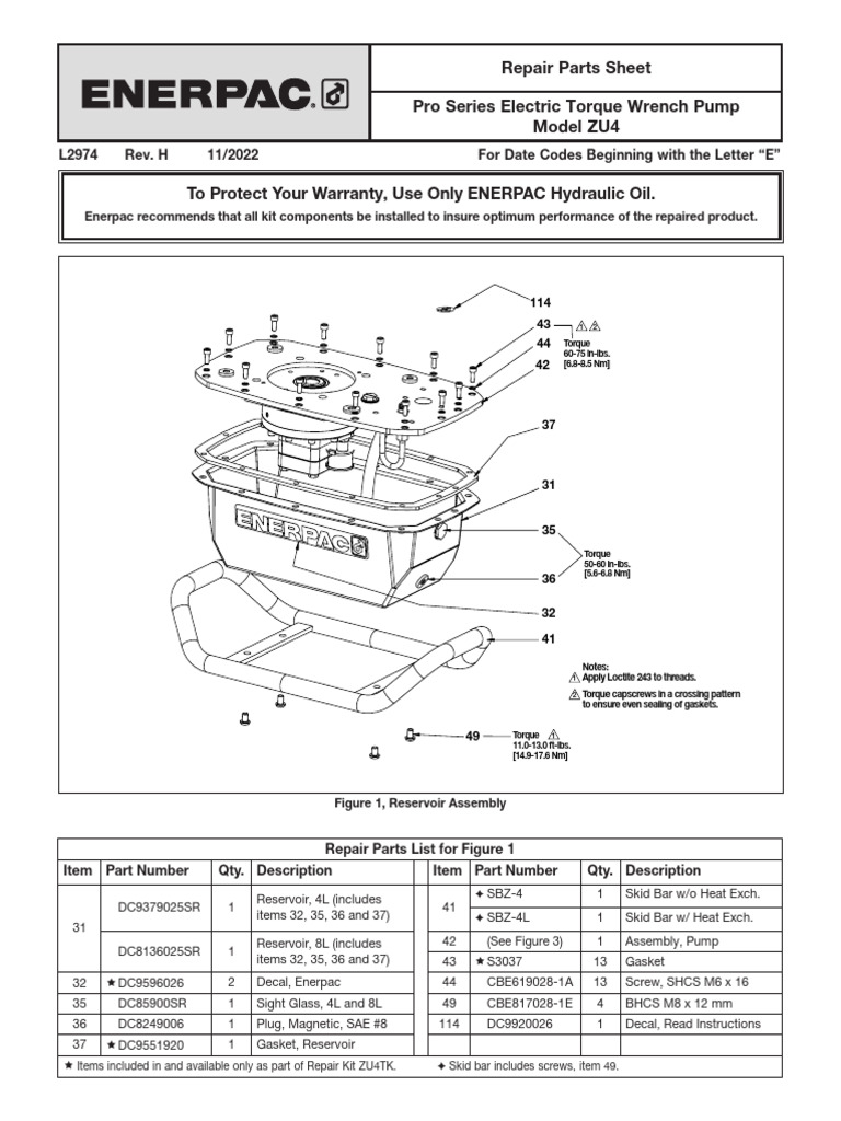 Repair Parts Sheet Pro Series Electric Torque Wrench Pump Model ZU4 ...