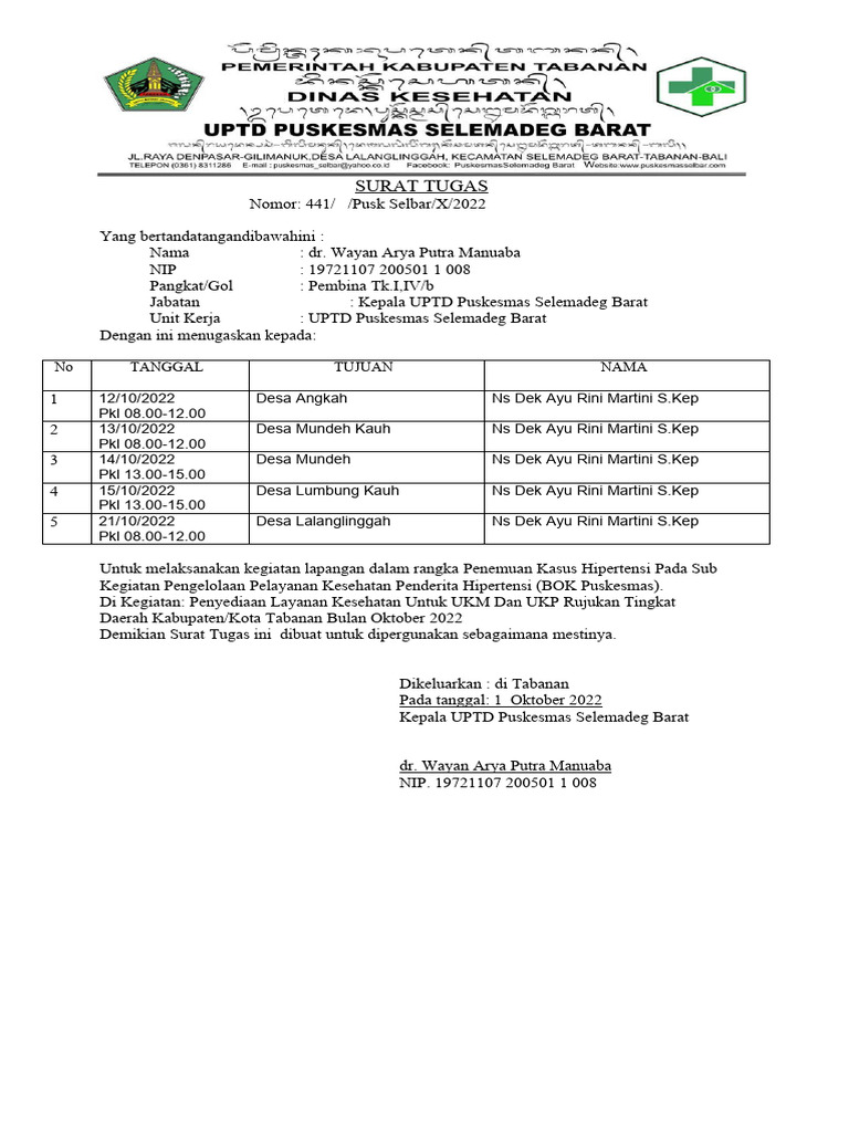 Surat Tugas Kegiatan Kesehatan Tabanan | PDF | Memasak, Makanan, & Anggur