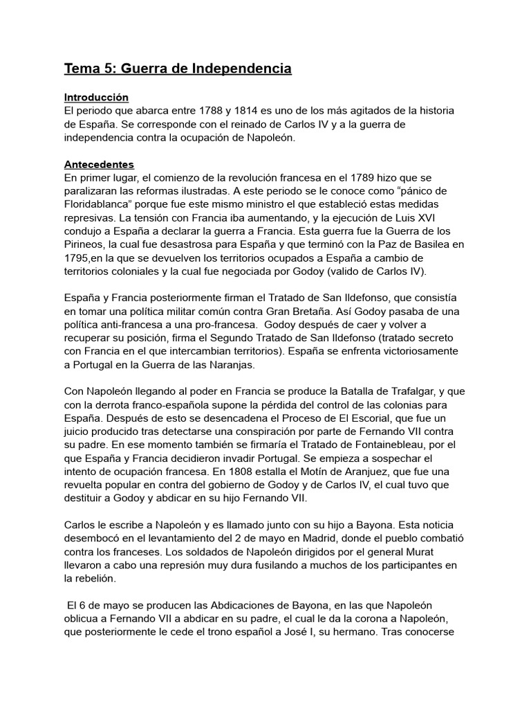 Tema 5 Historia De España Desarrollo Pdf Guerra Peninsular Napoleón