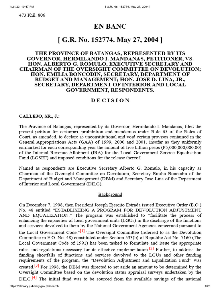 Fiscal Autonomy in Batangas Case | PDF | Standing (Law) | Governance