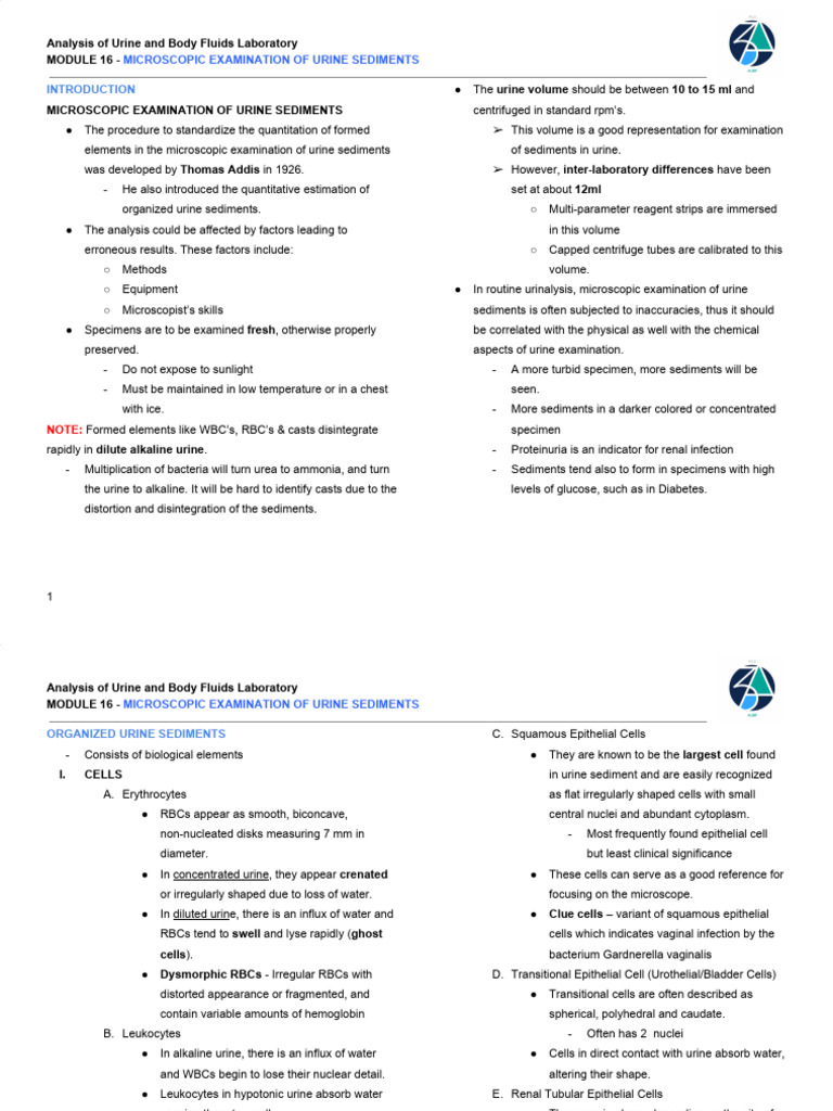 Aubf Module 16 Sediments | PDF | Urine | Clinical Medicine