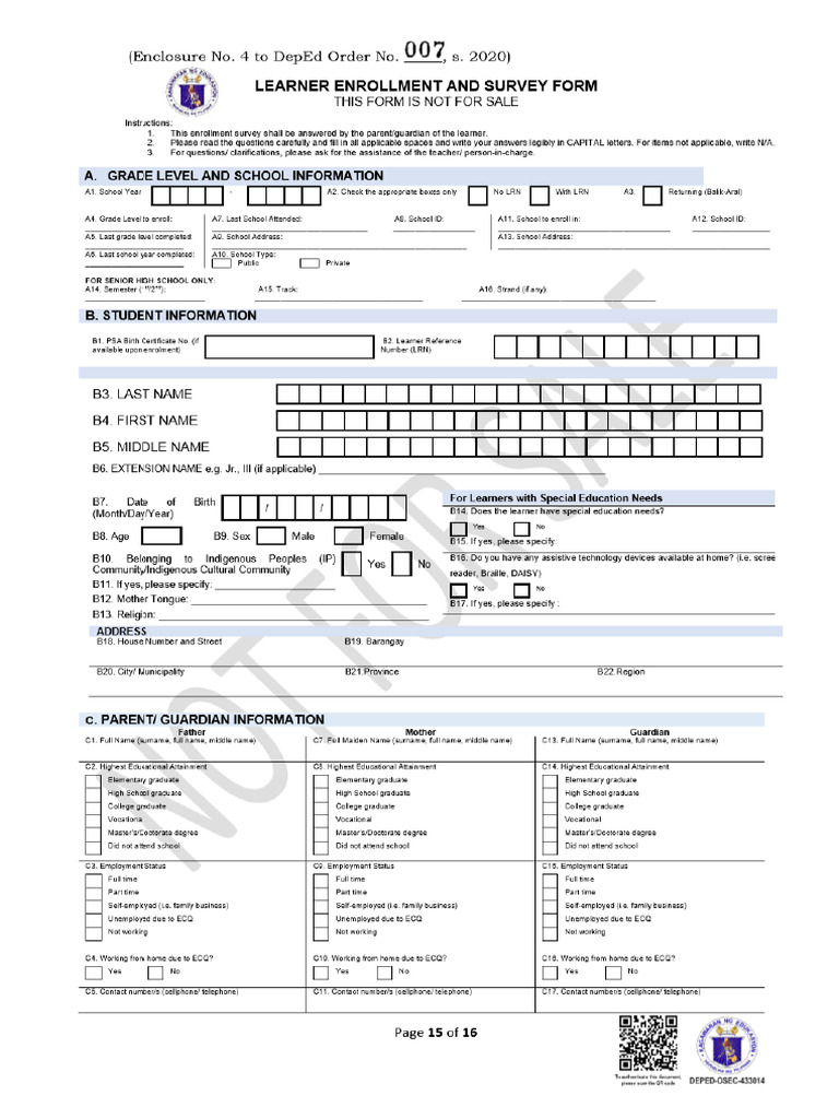 Learner Enrollment and Survey Form - DepED Copy-1 | PDF