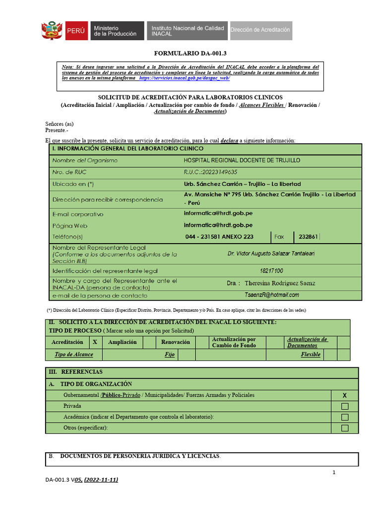Formatos - Laboratorios Clinicos - DA-001.3 V05 Formulario Solicitud Acreditación Lab - Clínicos ...