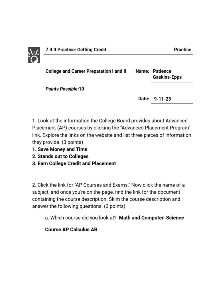 7.4.3 Practice - Getting Credit | PDF | Advanced Placement | Educational Stages