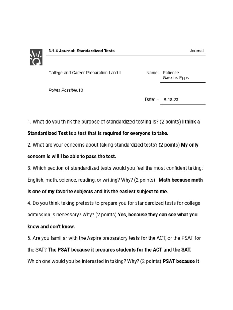 Standardized Test Reflection Journal | PDF