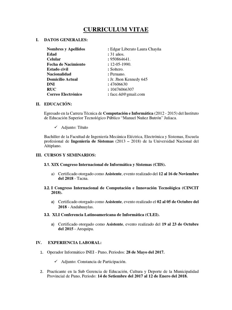 Curriculum Vitae de Edgar Laura Chayña | PDF | Informática