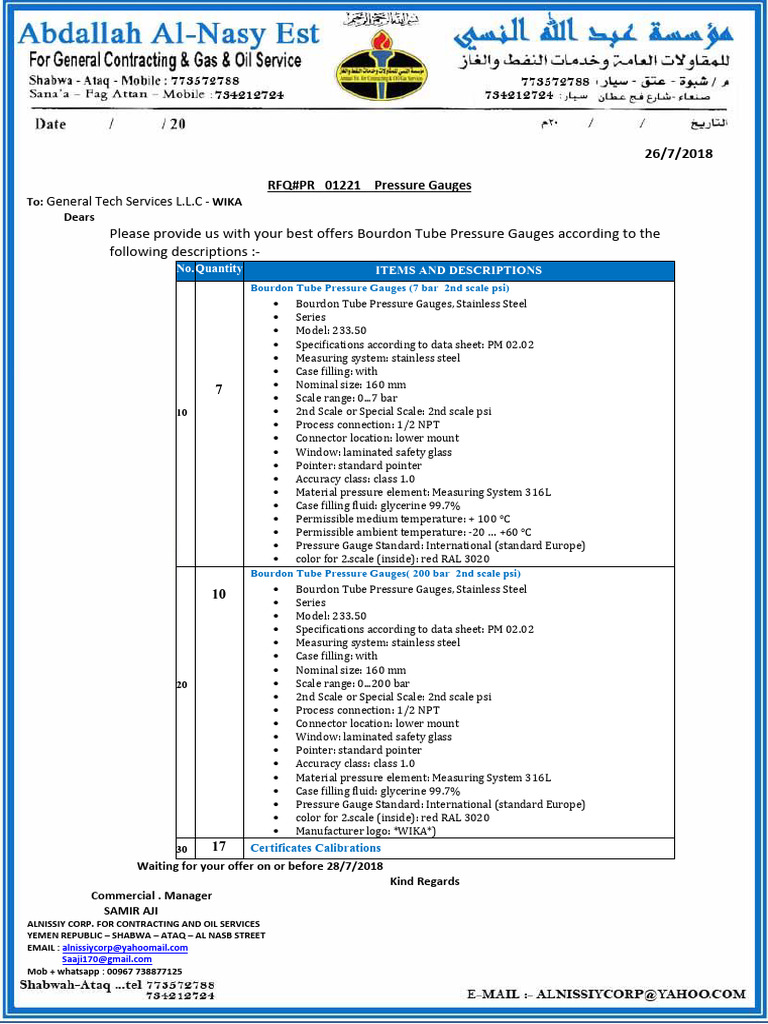 General Tech RFQ - 01221 - Pressure Gauges | PDF | Pressure Measurement | Metrology