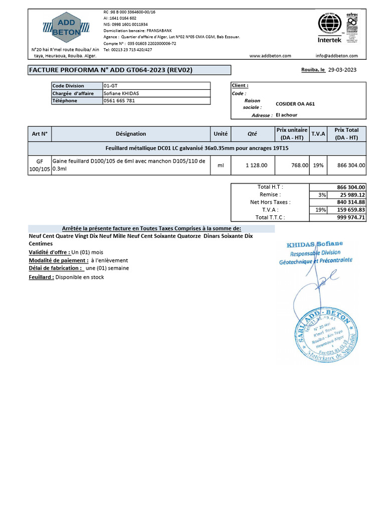 Offre Gaine Add Gt064-2023 (Rev02) | PDF