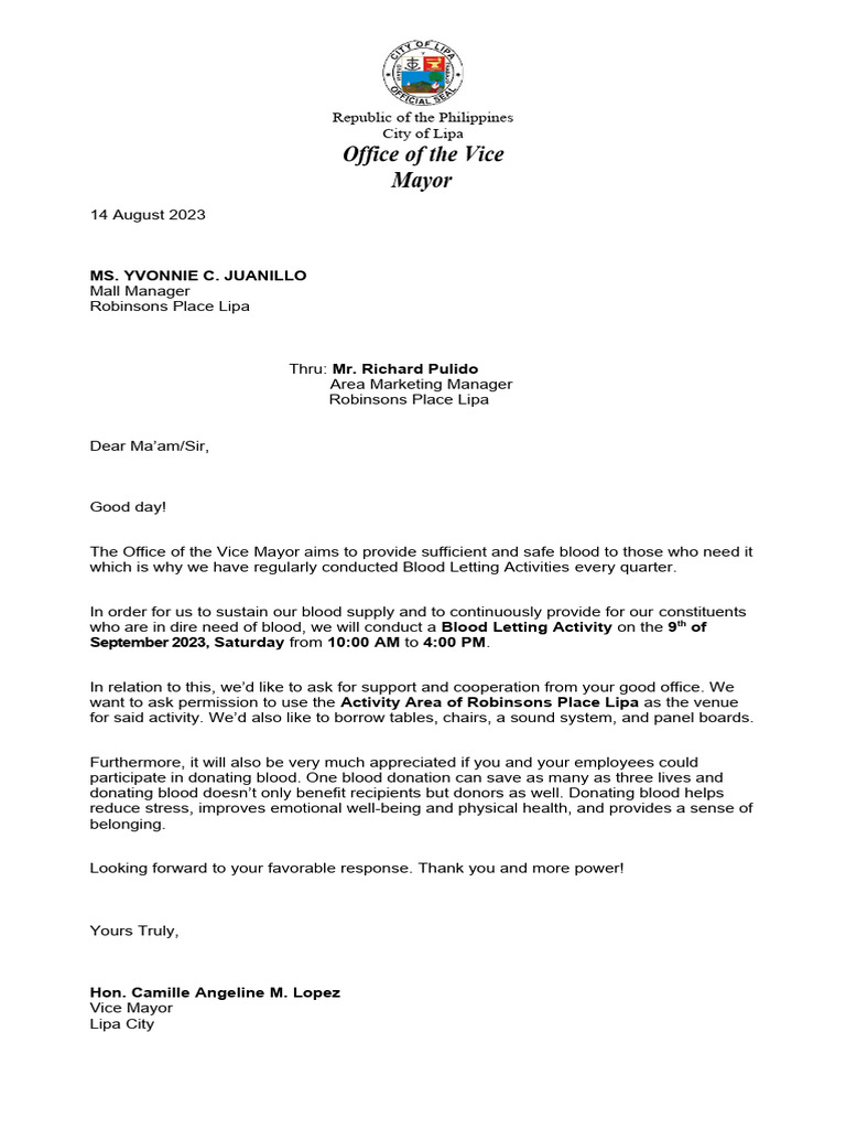 Request Letter_Blood Letting Activity Robinsons | PDF