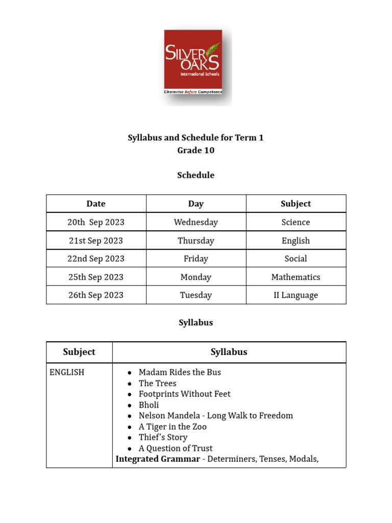 Syllabus and Schedule For Term 1 Grade 10 Schedule | PDF | Chemical ...