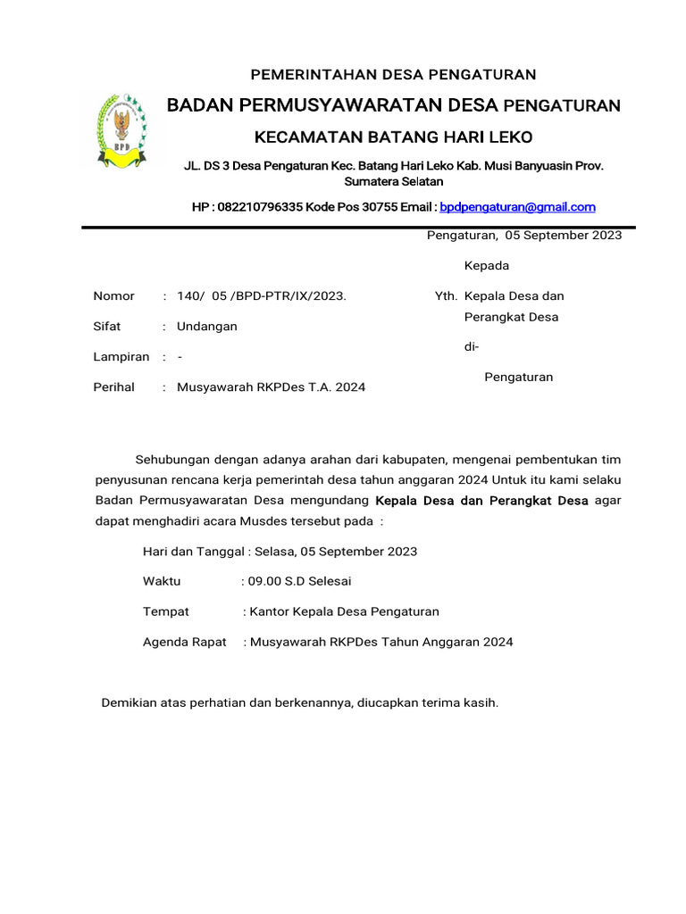 Undangan RKP Des T.A 2024 To Kades Dan Perangkat Desa | PDF
