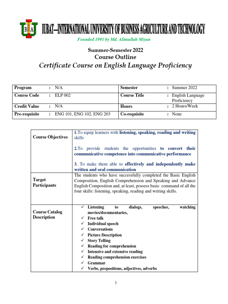 English Language Proficiency Course Outline | PDF | Linguistics | Human ...