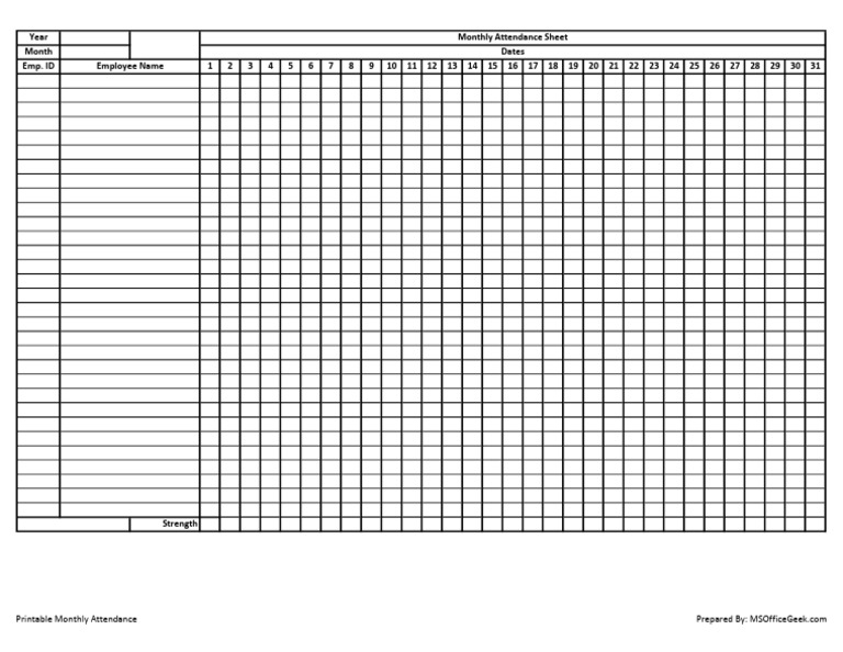 Printable Monthly Attendance Sheet | PDF