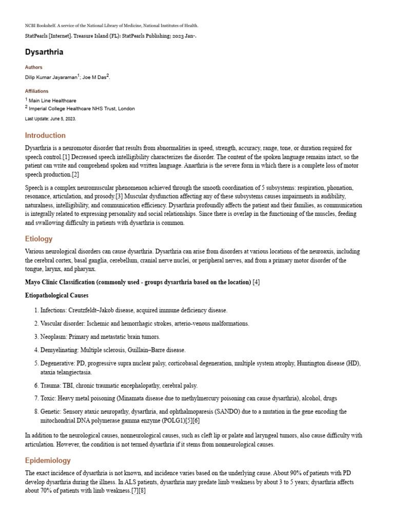 Dysarthria: Causes and Evaluation | PDF | Aphasia | Clinical Medicine