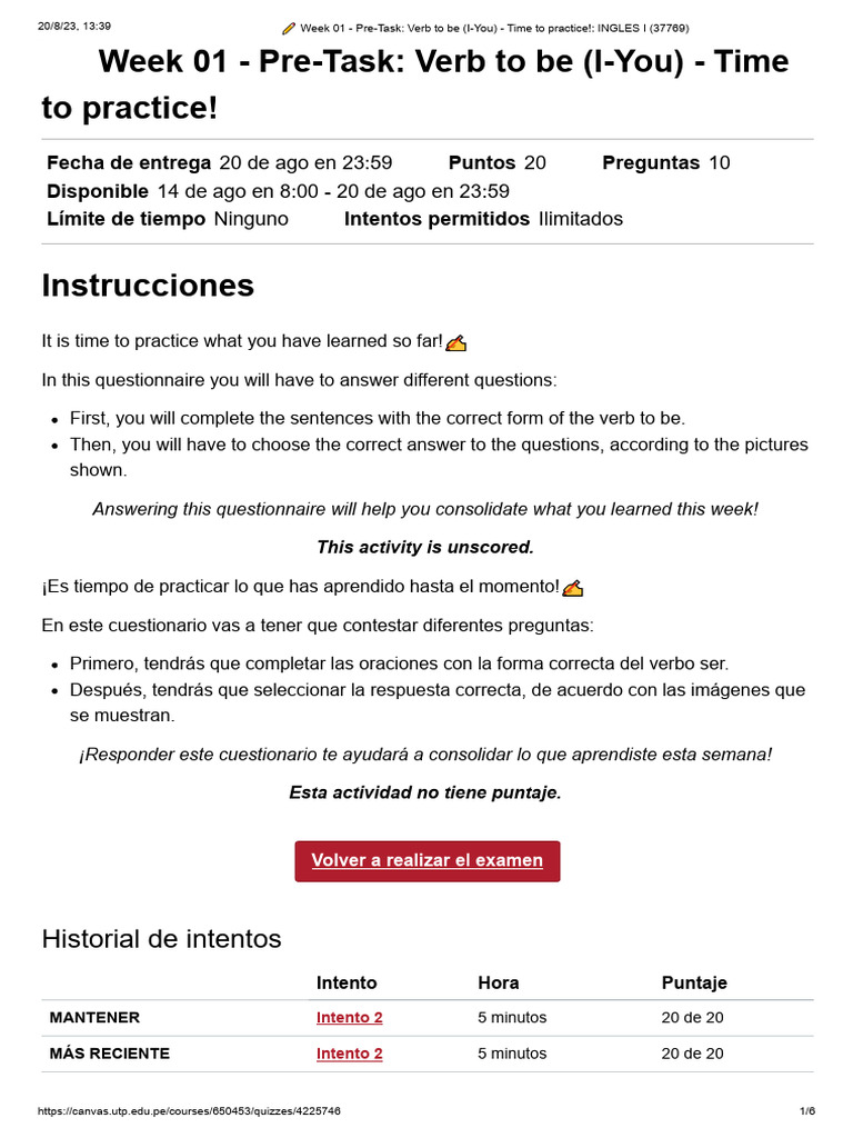 Week 01 - Pre-Task - Verb To Be (I-You) - Time To Practice! - INGLES I ...