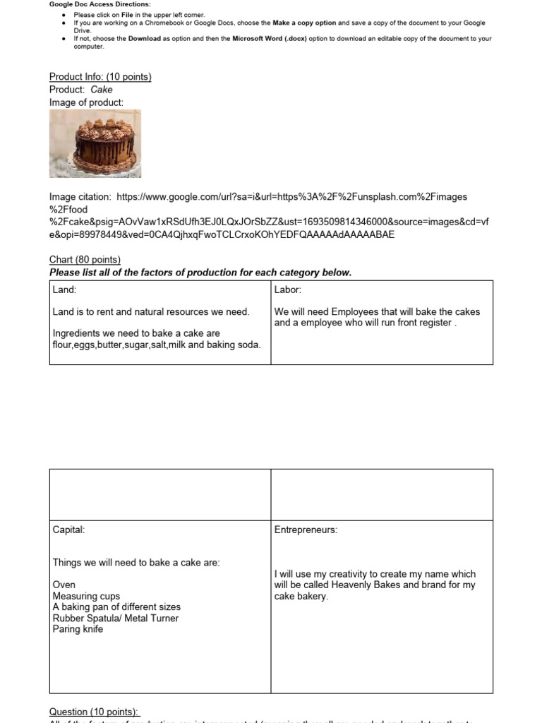 Module One Lesson One Activity Pdf Cakes Factors Of Production