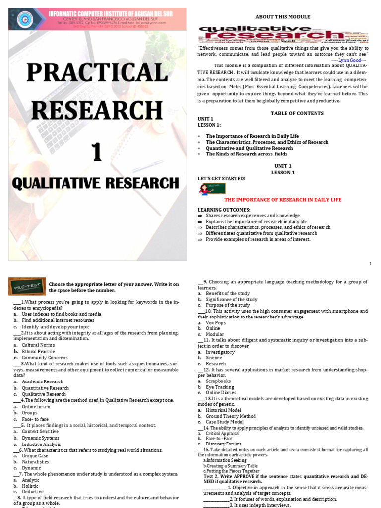 Practical Research 1 TVL First Quarter | PDF | Qualitative Research ...