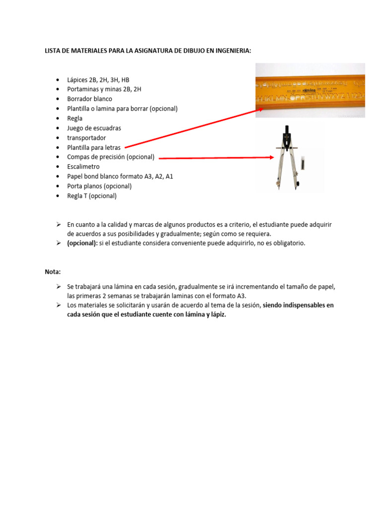 Lista de Materiales para La Asignatura de Dibujo en Ingenieria | PDF