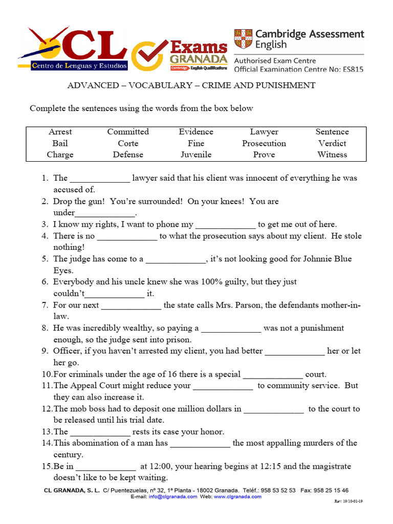 Crime and Punishment Vocabulary Exercise | PDF | Arrest | Bail