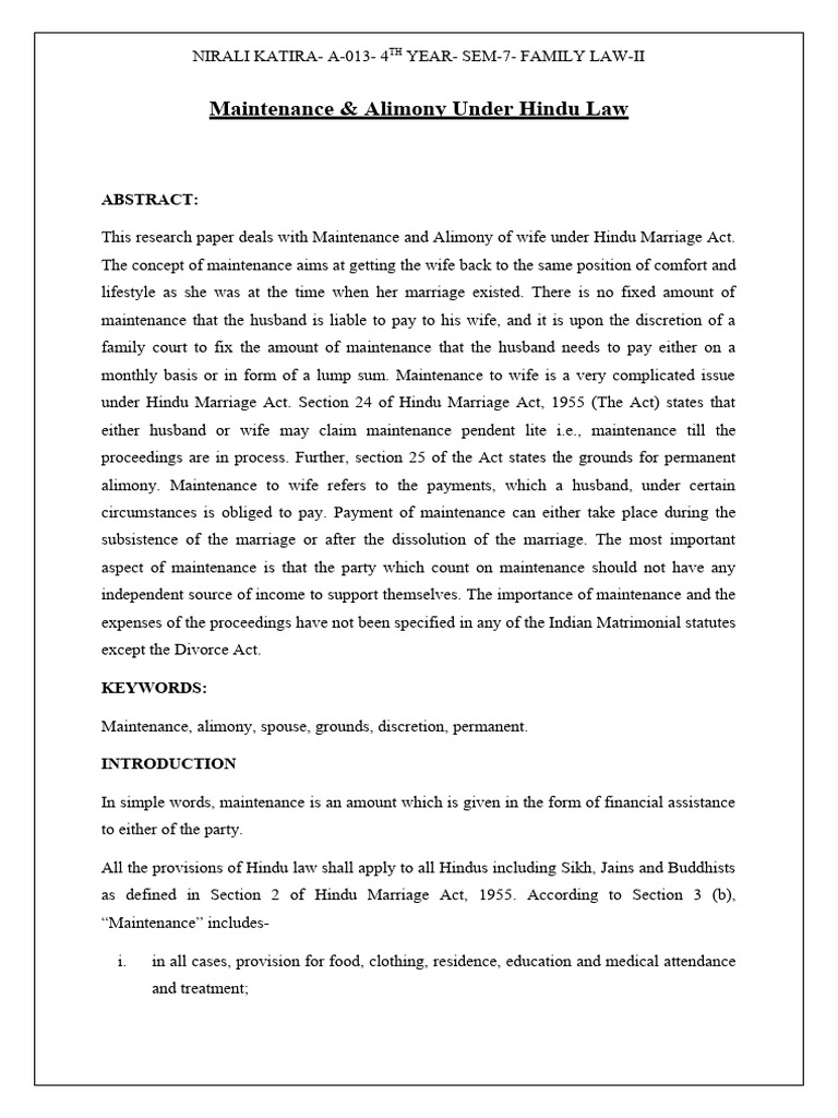 Maintenance and Alimony in Hindu Law | PDF | Alimony | Marriage