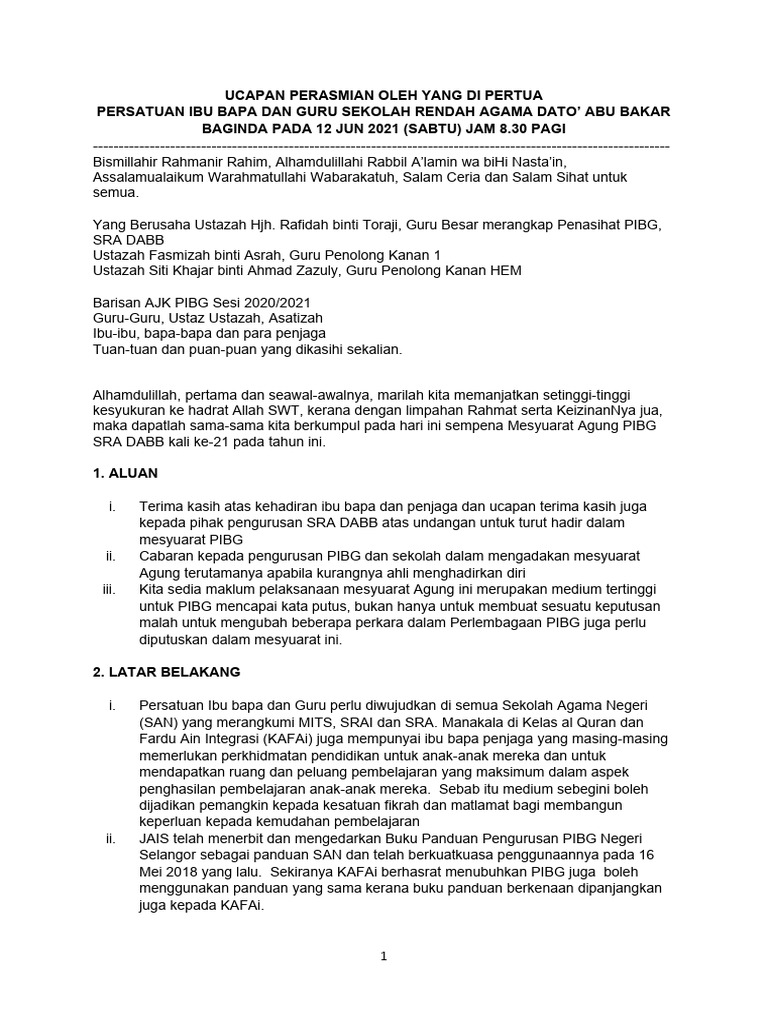 Ucapan Perasmi Pibg 2021-1 | PDF