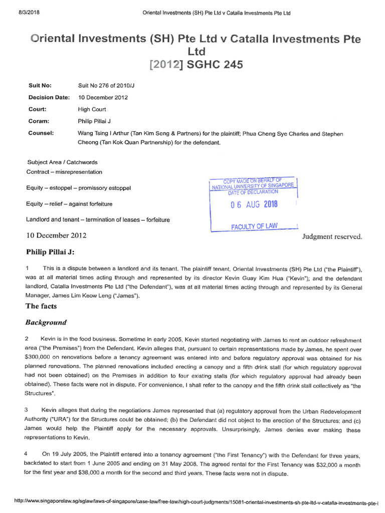 Case Oriental Investments (SH) Pte LTD V Catalla Investments Pte LTD | PDF