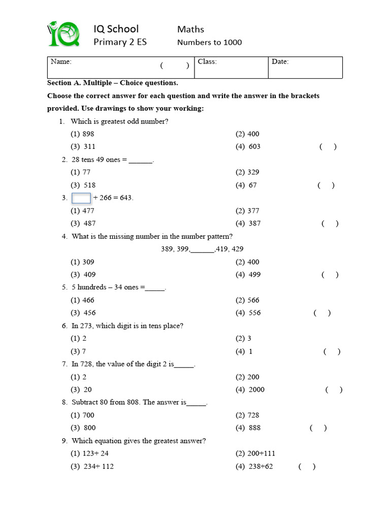 Primary 2 Maths Test: Numbers to 1000 | PDF | Numbers | Mathematics