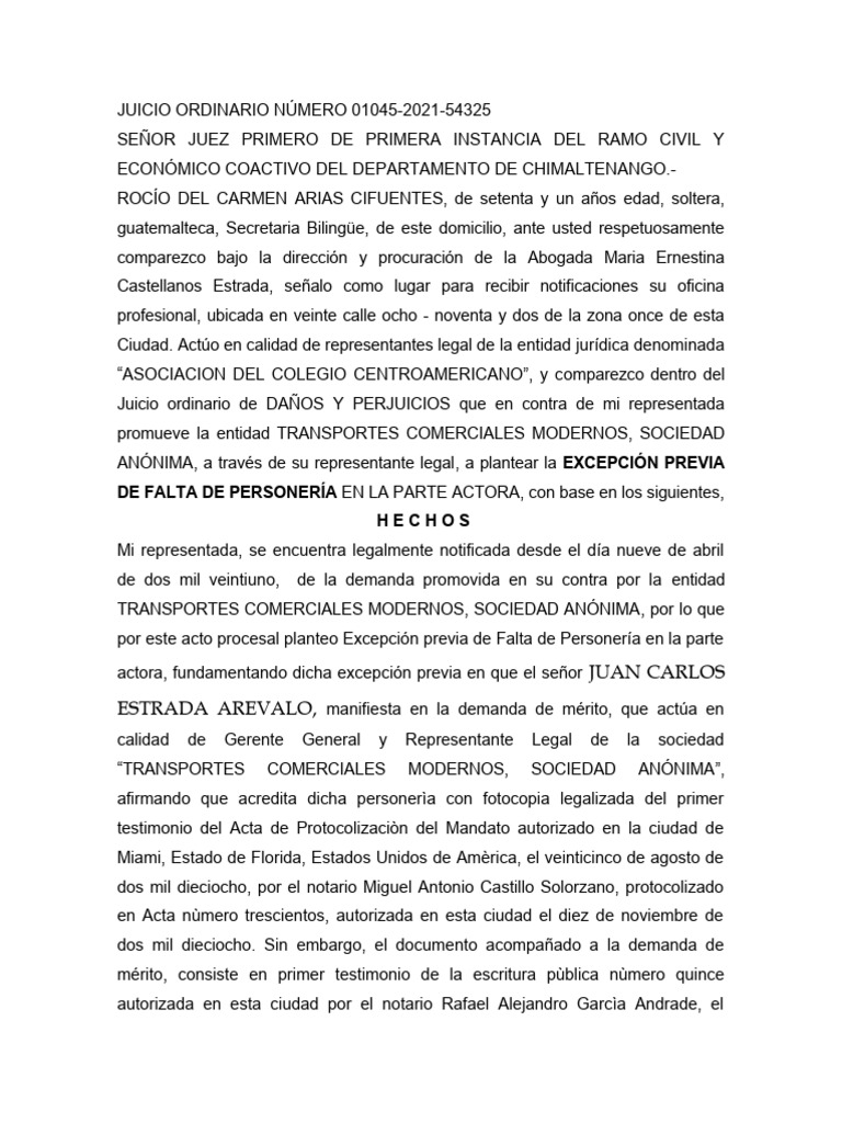 Excepción Previa en Ordinario | PDF | Demanda judicial | Justicia