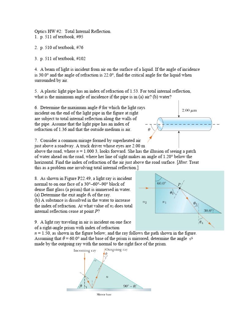 Optics HW - 2 Total Internal Reflection | PDF | Refraction | Refractive ...