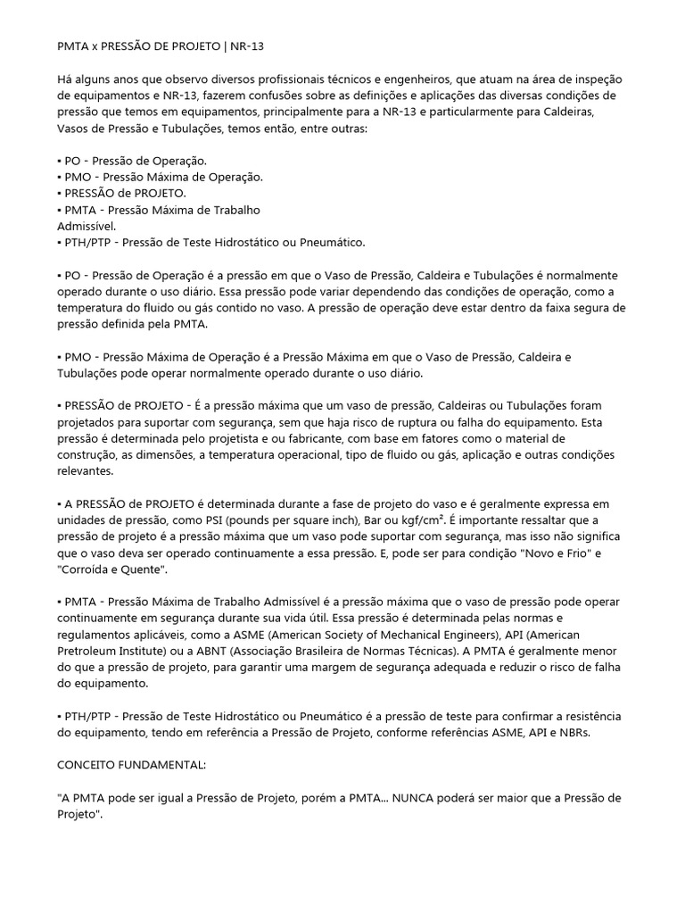 PMTA X PRESSÃO DE PROJETO | PDF | Pressão | Caldeira