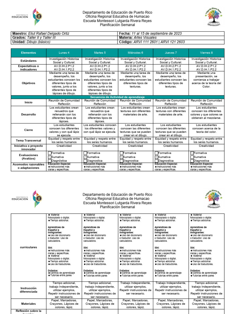 Planificación Semanal 11 Al 15 de Septiembre | PDF | Lápiz | Dibujo