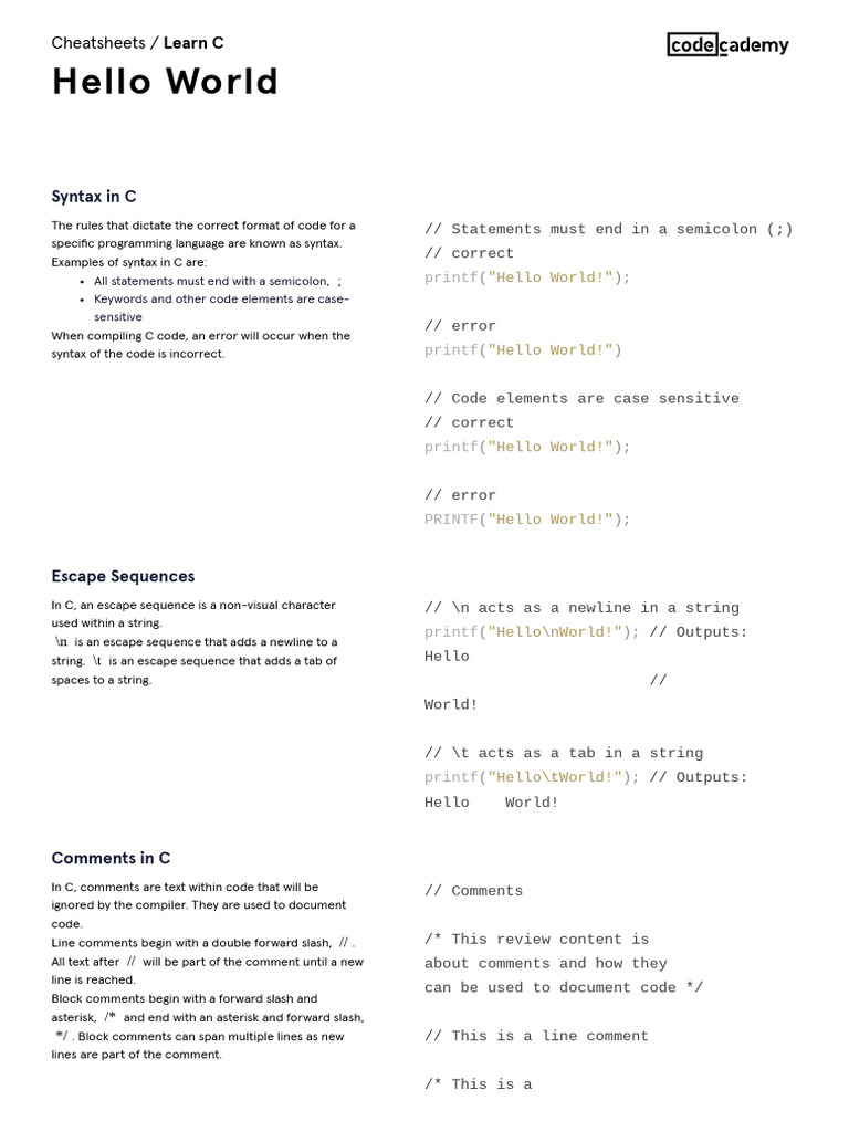 Learn C - Hello World Cheatsheet - Codecademy | PDF | C (Programming ...