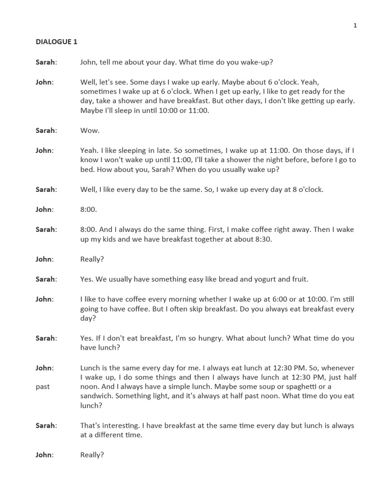 Dialogue 1 Sarah: John | PDF | Lunch | Plato