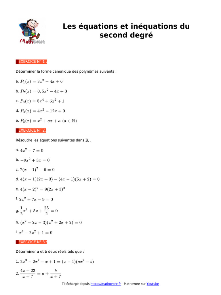 Les Equations Et Inequations Du Second Degre Exercices de Maths en 1ere Corriges en PDF | PDF ...
