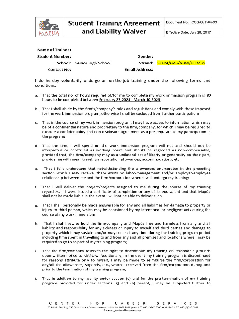 06 - Student Training Agreement and Liability Waiver Form | PDF | Legal Liability | Civil Law ...