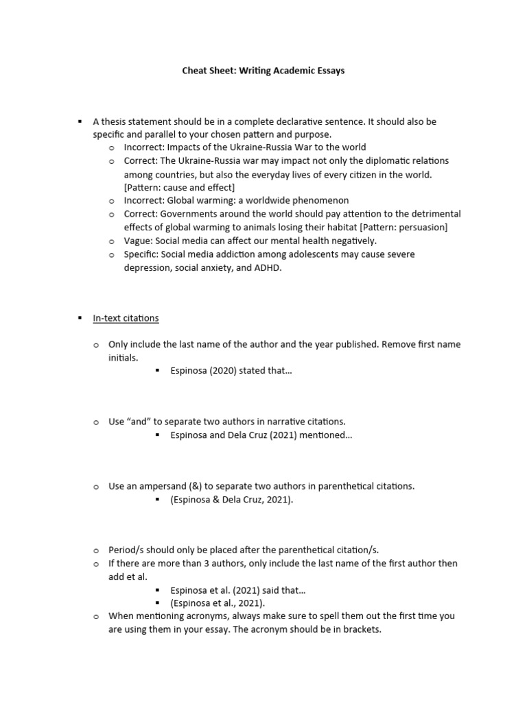 Academic Essay Writing Cheat Sheet | PDF | Citation | Verb