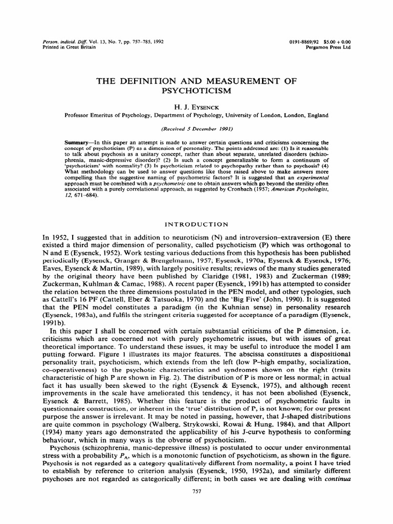 1992 Eysenck - The Definition and Measurement of Psychoticism ...